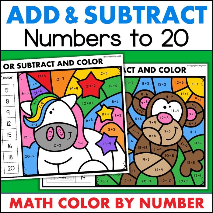 Color by Number Addition and Subtraction within 20 Math Worksheets ...