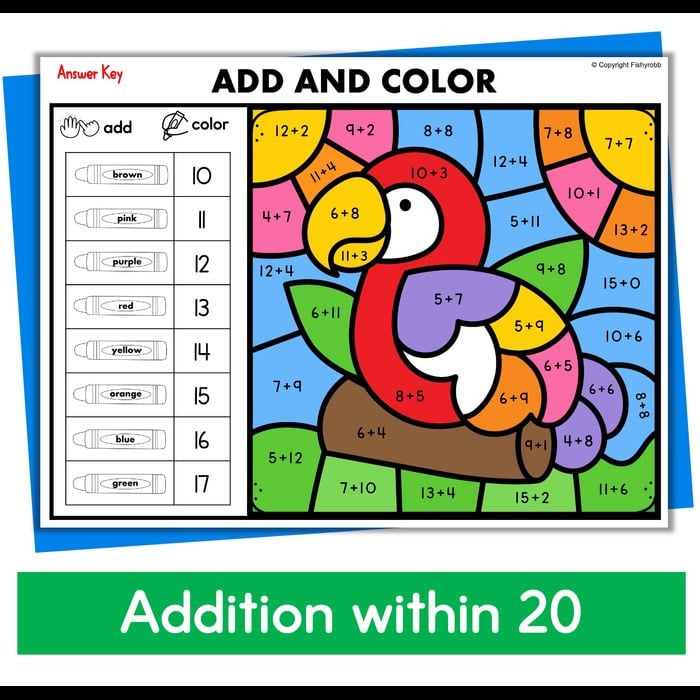 Color by Number Addition and Subtraction within 20 Math Worksheets ...