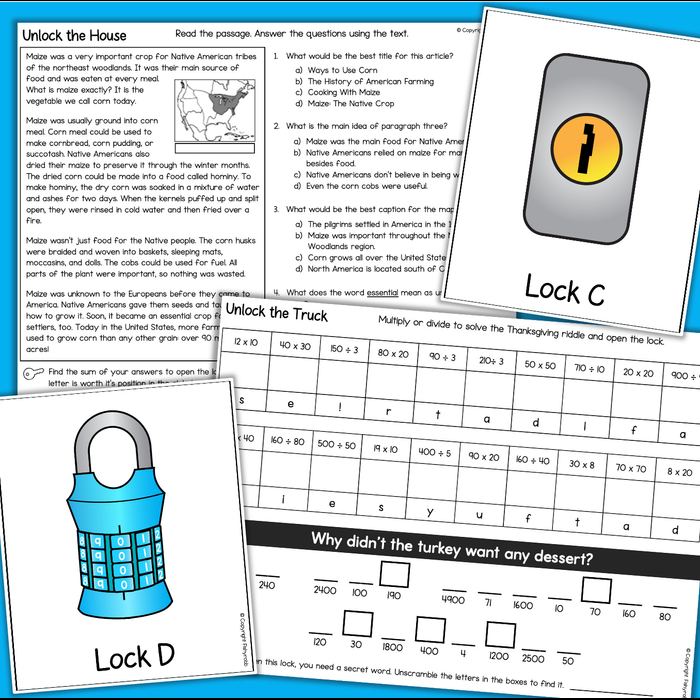 Thanksgiving Turkey Escape Room 4th Grade Reading & Math - Fishyrobb