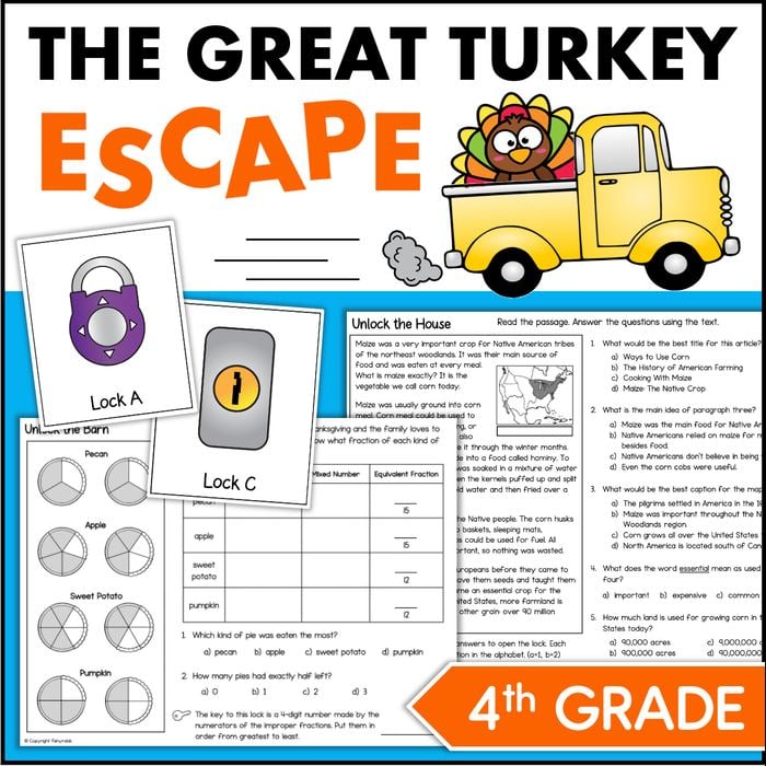 Thanksgiving Turkey Escape Room 4th Grade Reading & Math - Fishyrobb