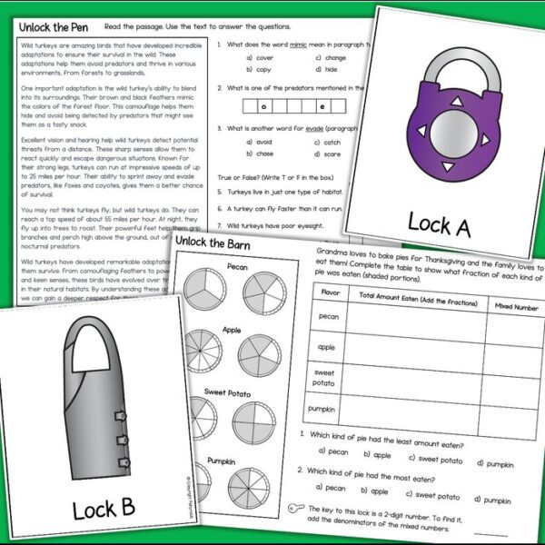 Thanksgiving Turkey Escape Room 5th Grade Reading and Math - Fishyrobb