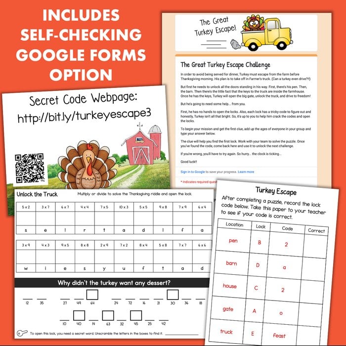 Thanksgiving Turkey Escape Room 3rd Grade Reading and Math - Fishyrobb