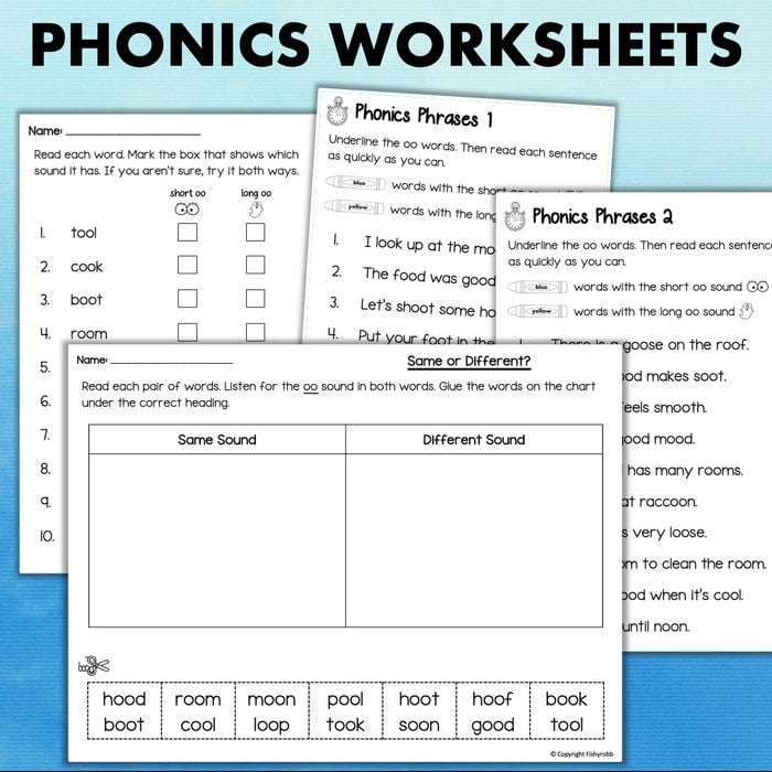 OO Sound Worksheets and Phonics Activities - Fishyrobb
