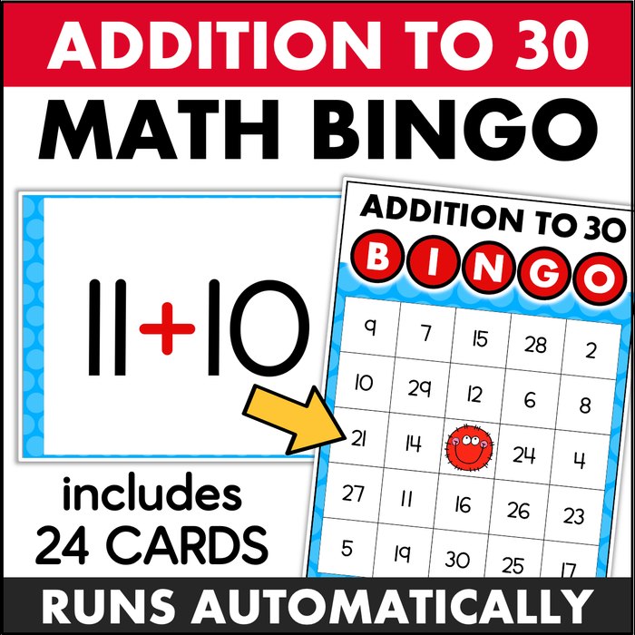 Addition Bingo Game Adding Numbers with Sums to 30 - Fishyrobb