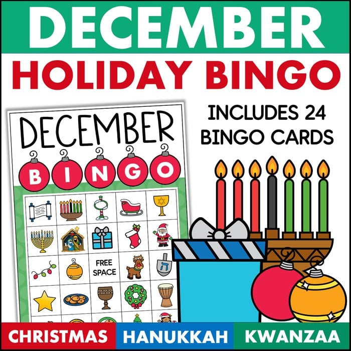 December Holiday Bingo Christmas Hanukkah Kwanzaa Vocabulary - Fishyrobb