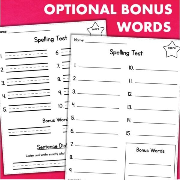 Blank Spelling Test Template 10 12 or 15 Words Plus Sentence Dictation ...