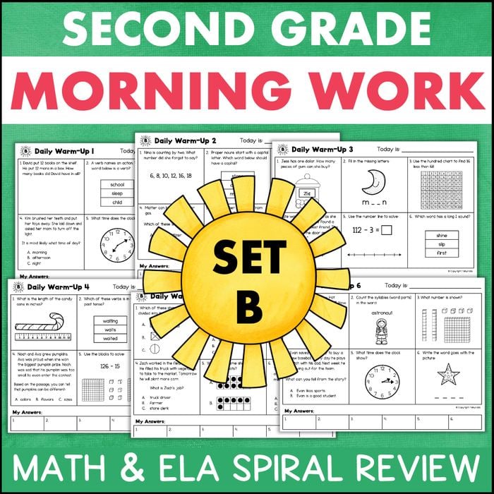 Morning Work 2nd Grade Set B Daily ELA and Math Spiral Review - Fishyrobb