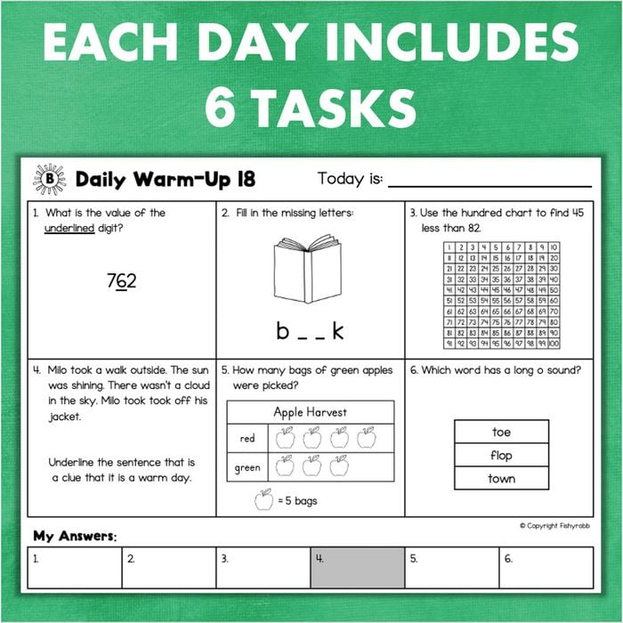 Morning Work 2nd Grade Set B Daily ELA and Math Spiral Review - Fishyrobb