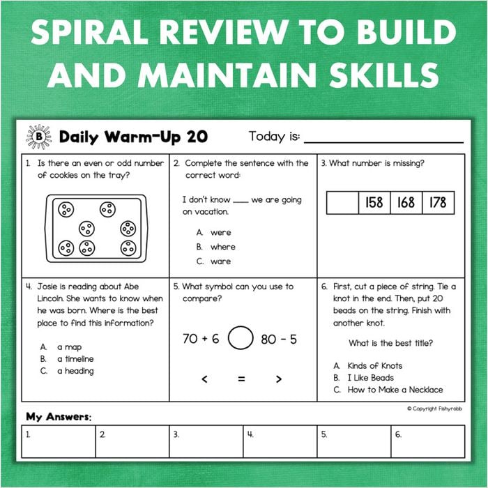 Morning Work 2nd Grade Set B Daily ELA and Math Spiral Review - Fishyrobb