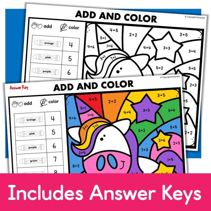 Color by Number Addition to 10 Kindergarten Math Worksheets - Fishyrobb
