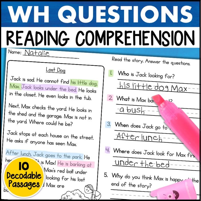 WH Questions Reading Comprehension Passages 1st Grade - Fishyrobb