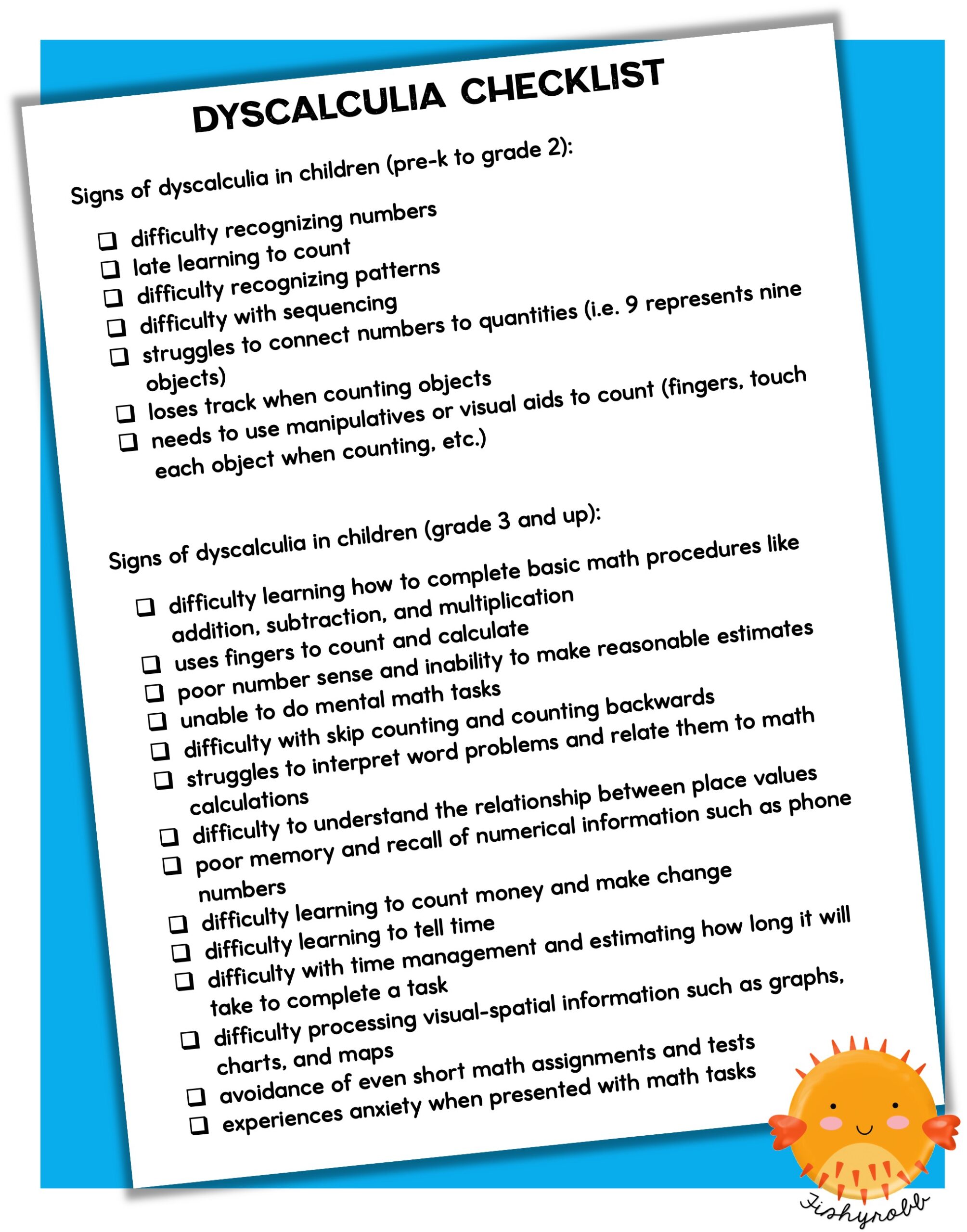 Signs of Dyscalculia Screening Checklist for Teachers