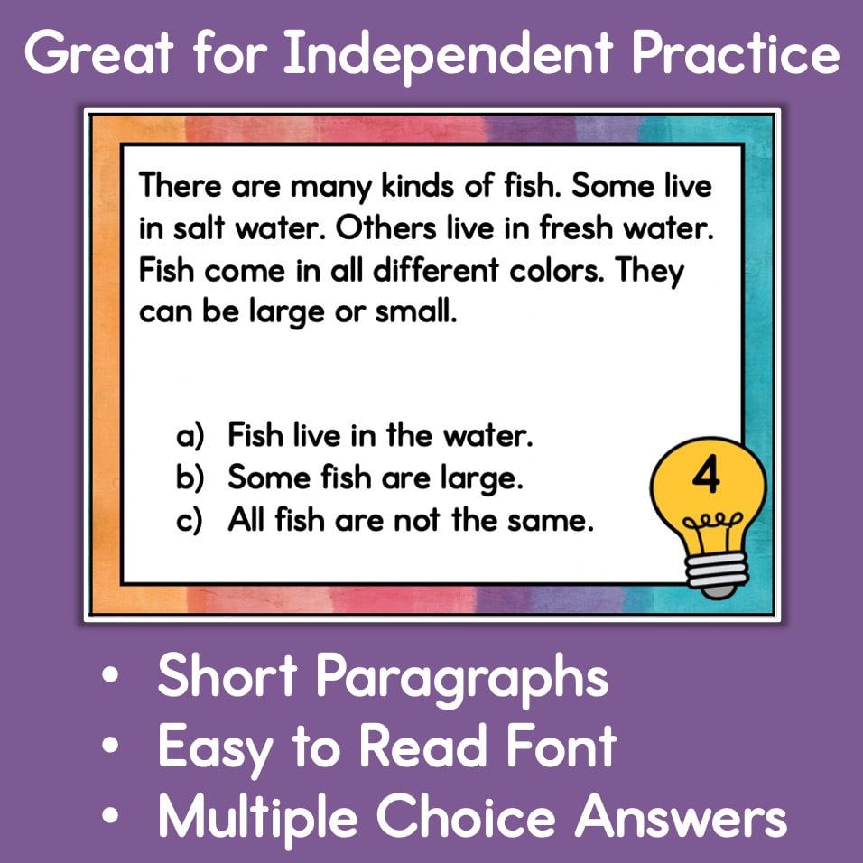 Main Idea Task Cards 2nd Grade Reading Comprehension - Fishyrobb