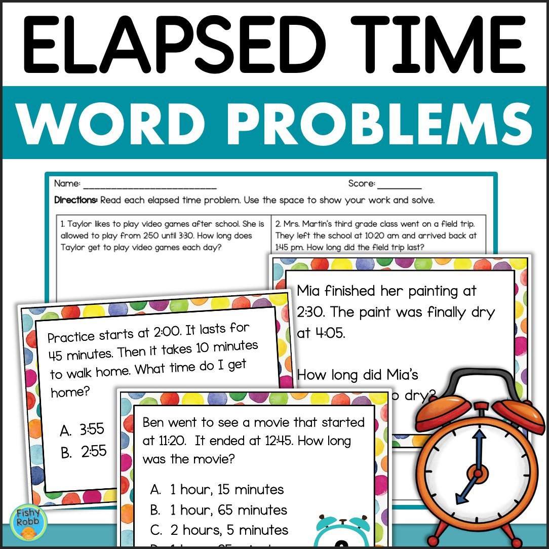Elapsed Time Word Problems Math Task Cards - Fishyrobb