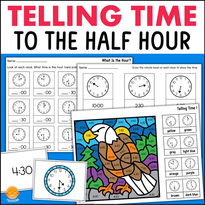 Telling Time to the Half Hour Worksheets Posters and Matching Activity