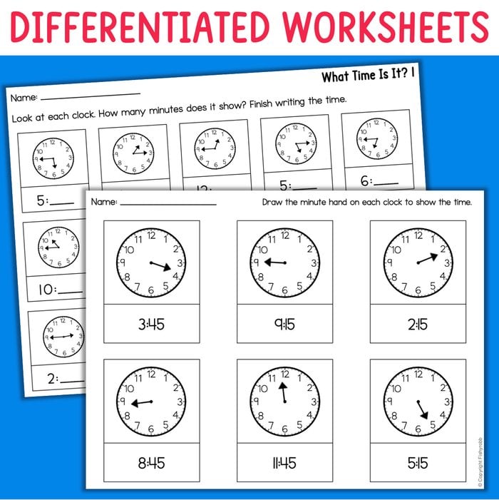 Telling Time to the Quarter Hour Worksheets Posters and Matching Activity