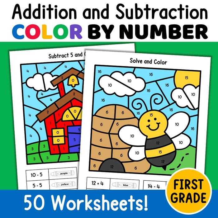 Color by Number Addition and Subtraction to 20 Worksheets Grade 1
