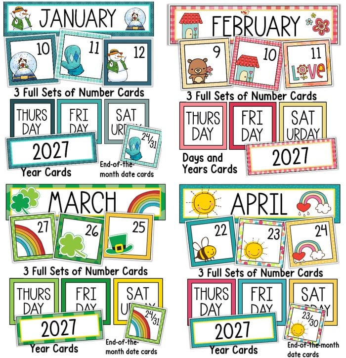 Printable Calendar Numbers FULL YEAR Monthly Pocket Chart Calendar Cards