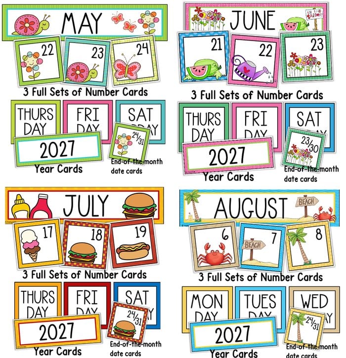 Calendar Numbers FULL YEAR Monthly Pocket Chart Calendar Cards