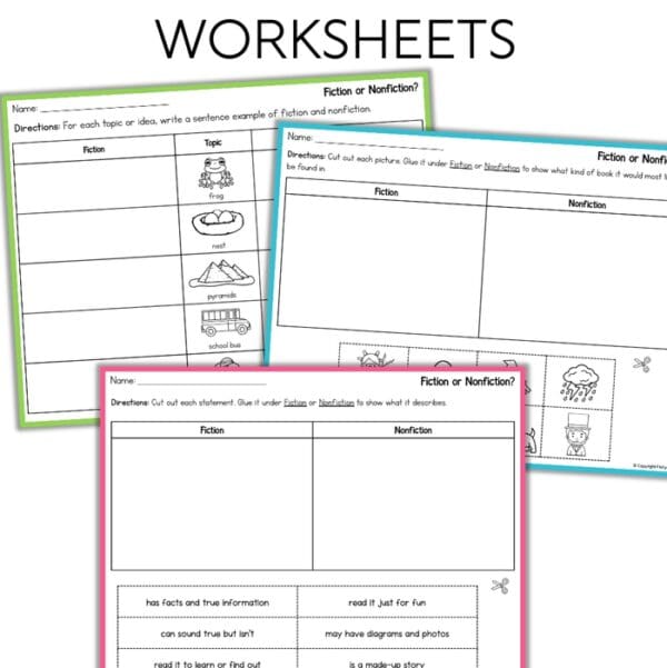 Fiction vs Nonfiction Sort Anchor Charts and Worksheets